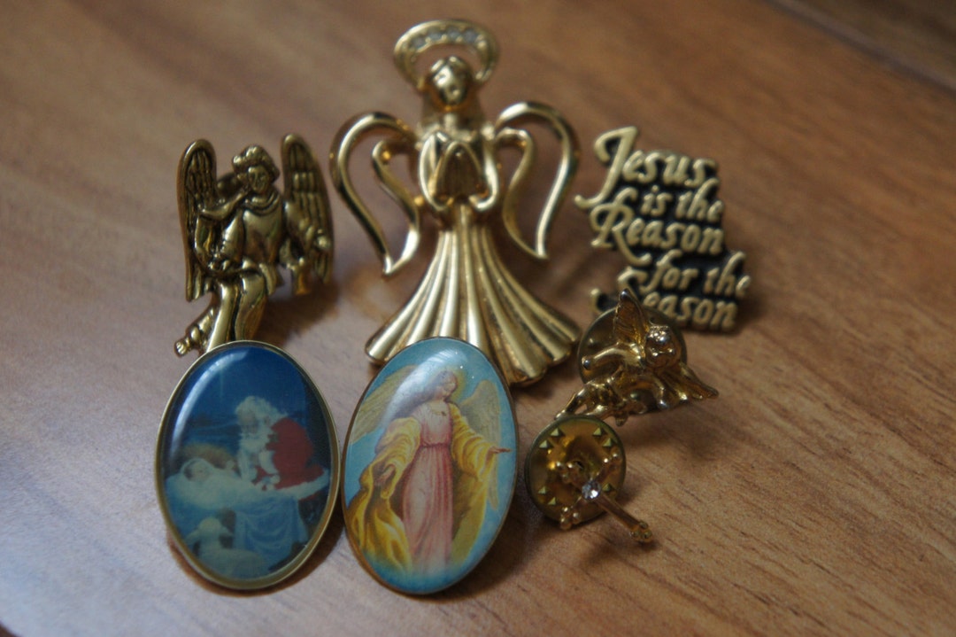Vintage Jewelry Brooch Pin Icon Badge Angel, Religious, Cross ,gold, CZ ...