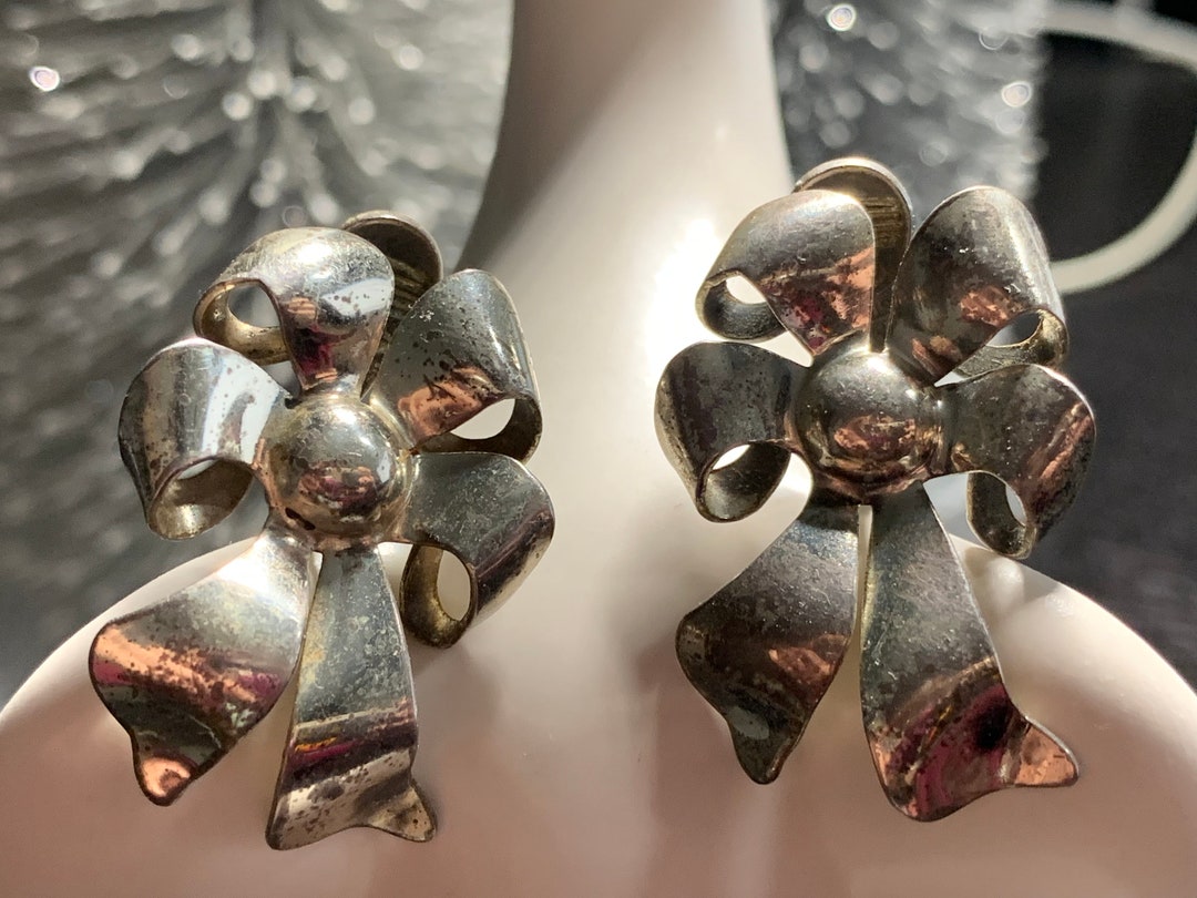Vintage Sterling Designer Monet Earrings Silver 925 Flower Bow Clip on ...