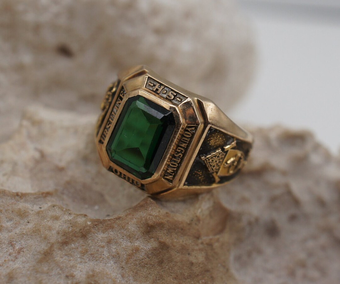 Vintage Man's JOSTEN Ring 10K Yellow Gold Green Stone Youngstown ...