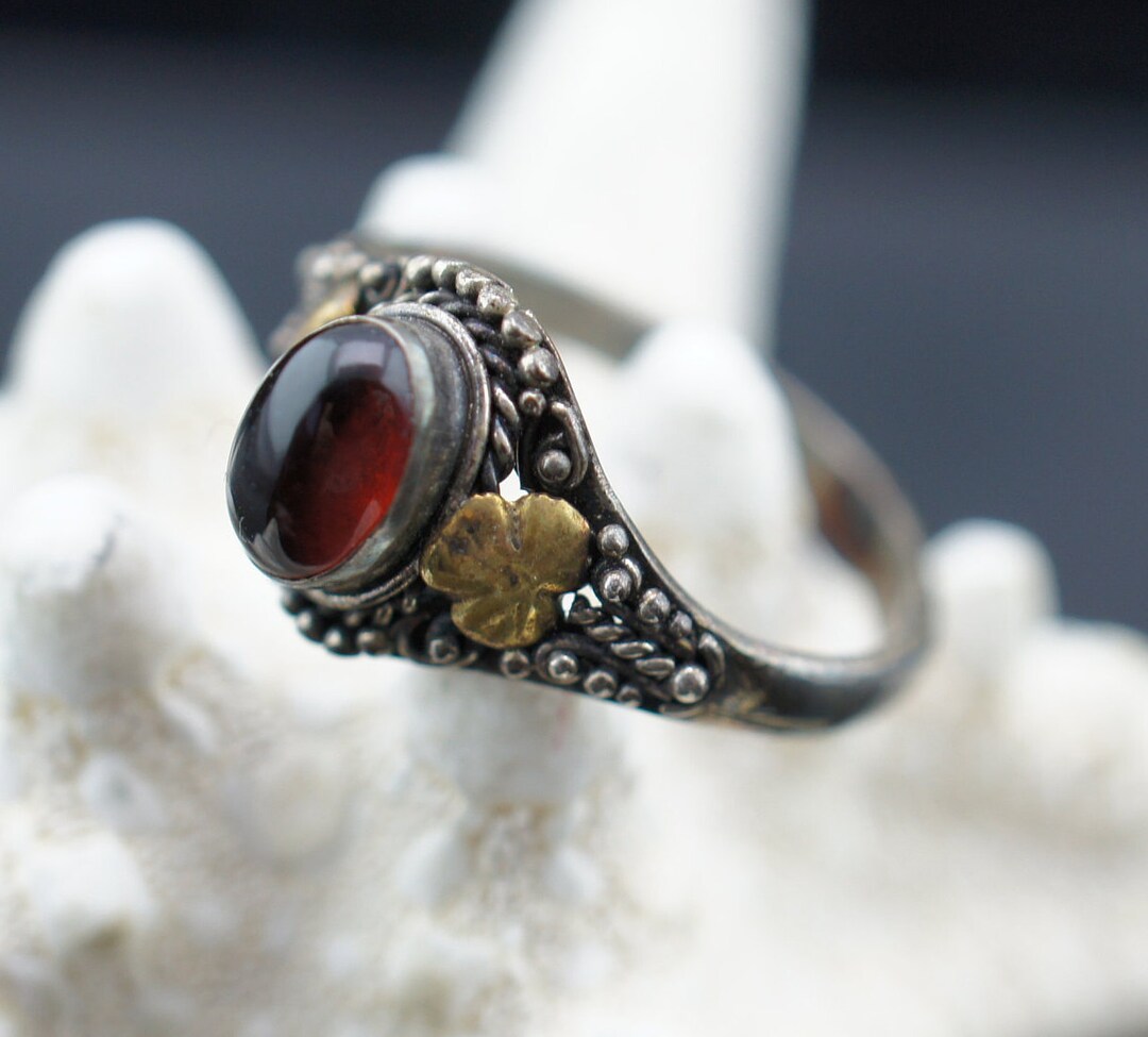 925 STERLING SILVER Vintage Art Deco Ring With Red Stone Cz Hammered ...