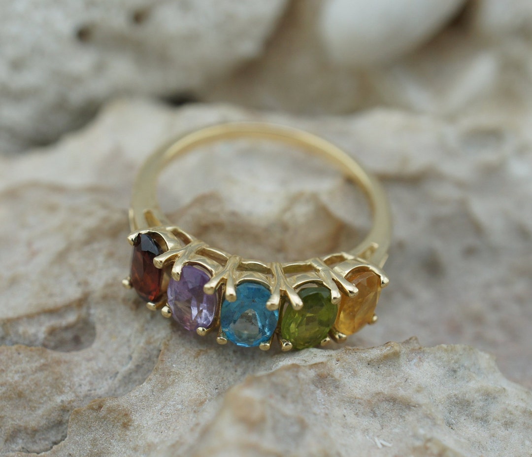 Vintage SOLID GOLD 14k Ring Multicolor Stone Red Purple Blue Green ...