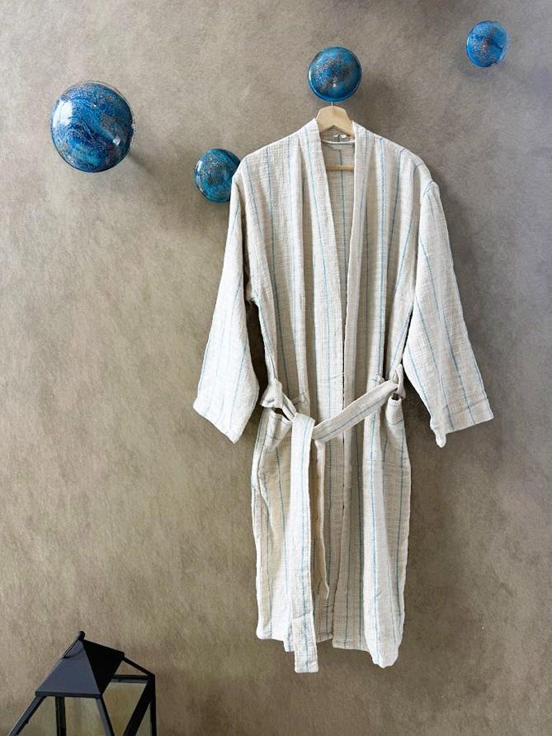 Blue Striped Turkish Cotton & Linen Robe: Natural Bath and Beach Cover ...