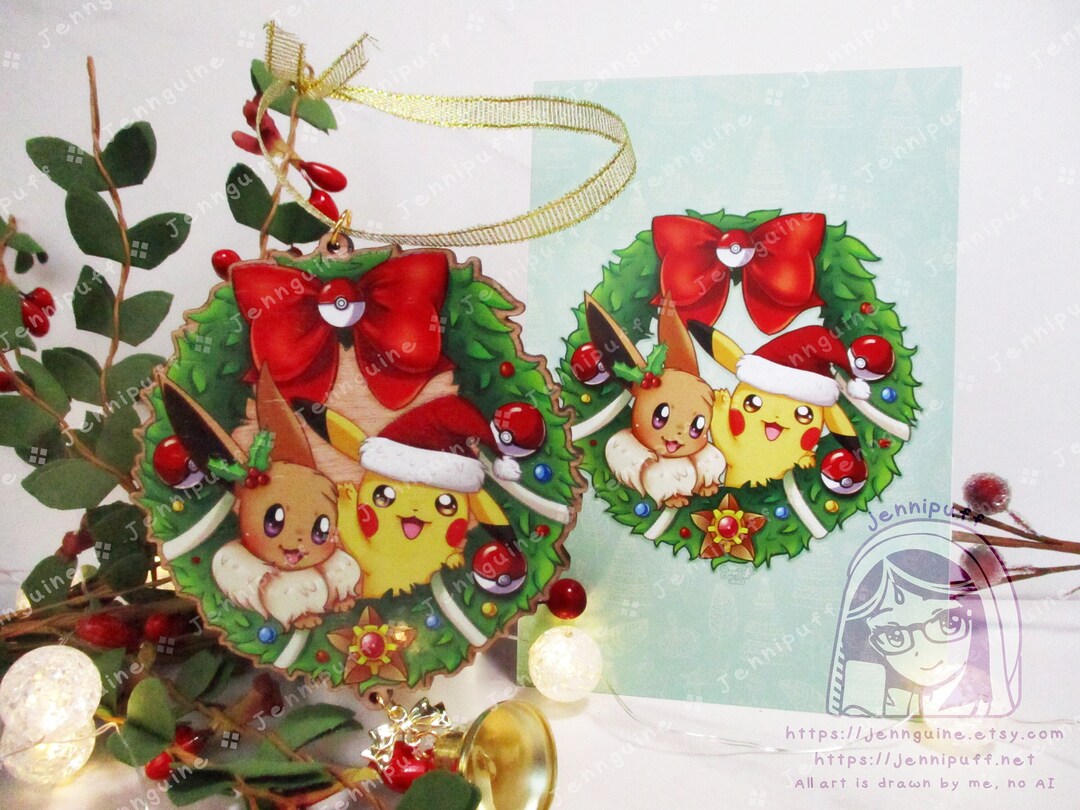 Pikachu Eevee PKMN Wreath Wooden Christmas Ornament | Includes 4x6in ...