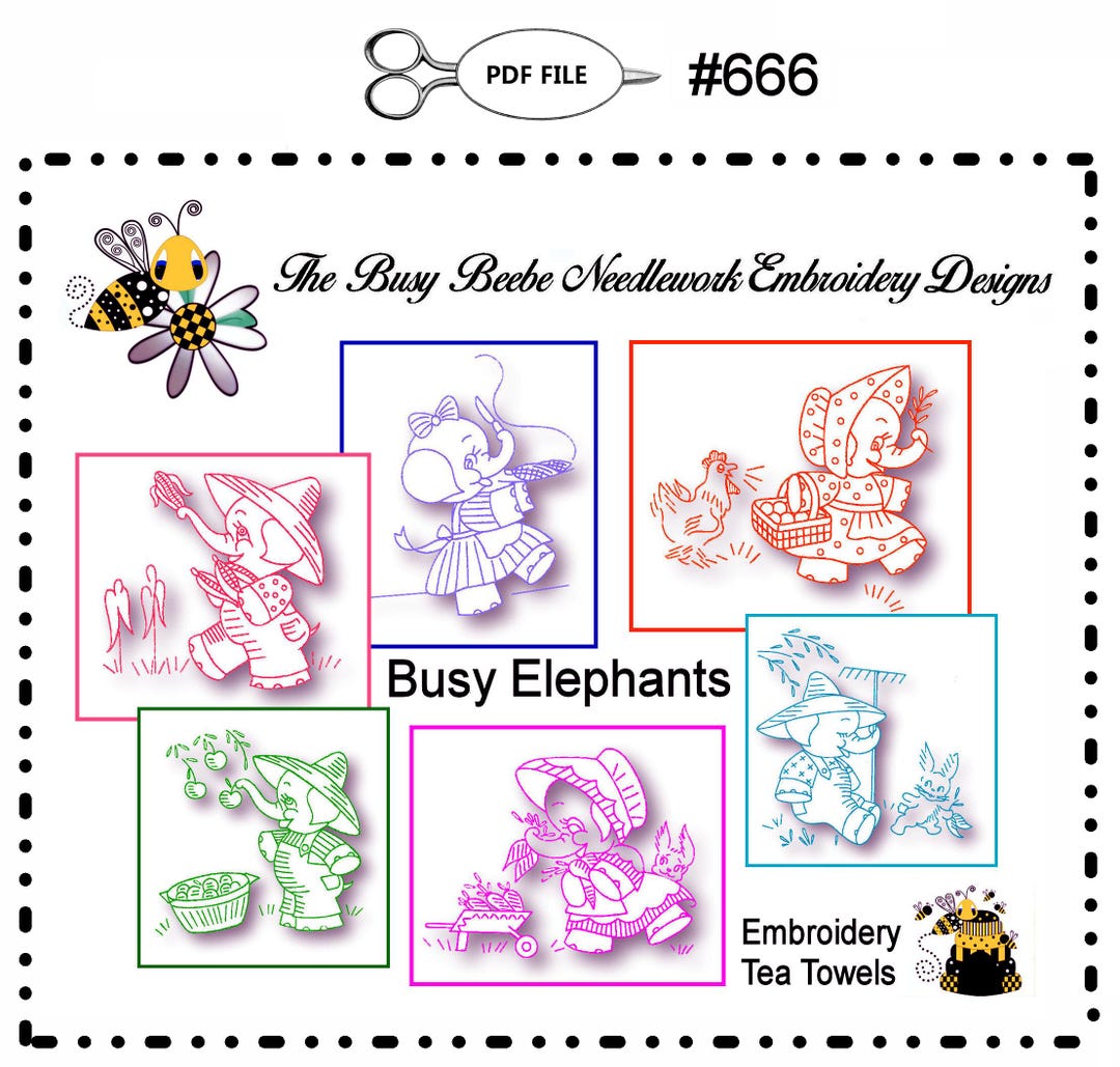 Busy Elephant Embroidery Motifs ~kitchen Towels & Crafts~ #666 - PDF ...