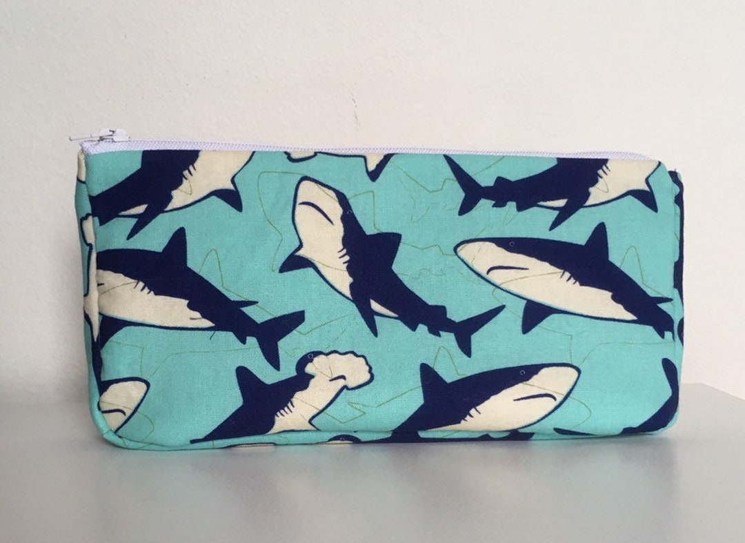 Sharks on Aqua Toiletry Bag, Shark Pencil Case, Shark Makeup Bag, Shark ...