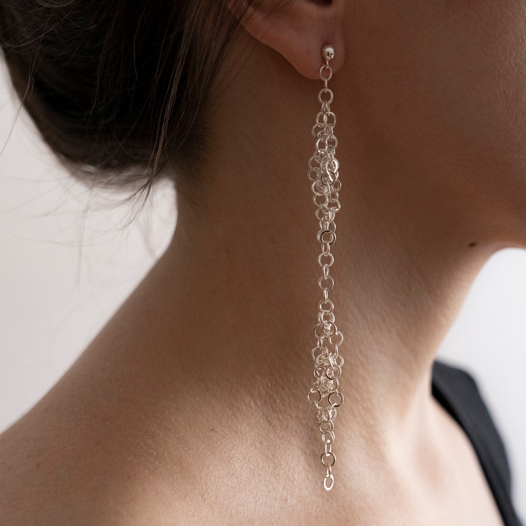 Silver Long Chain Earrings, Shoulder Skimming Earrings, Silver Chain ...