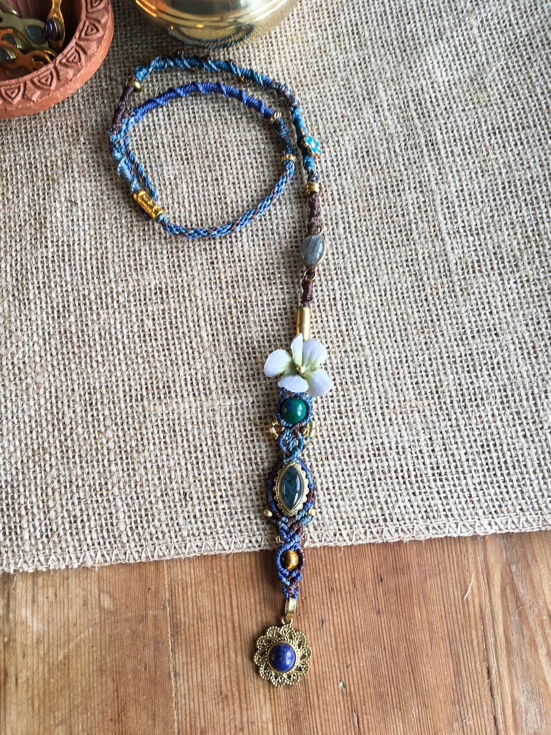 Handmade Macrame Hair Wrap | Blue and Brown Hair Wrap | Flower ...