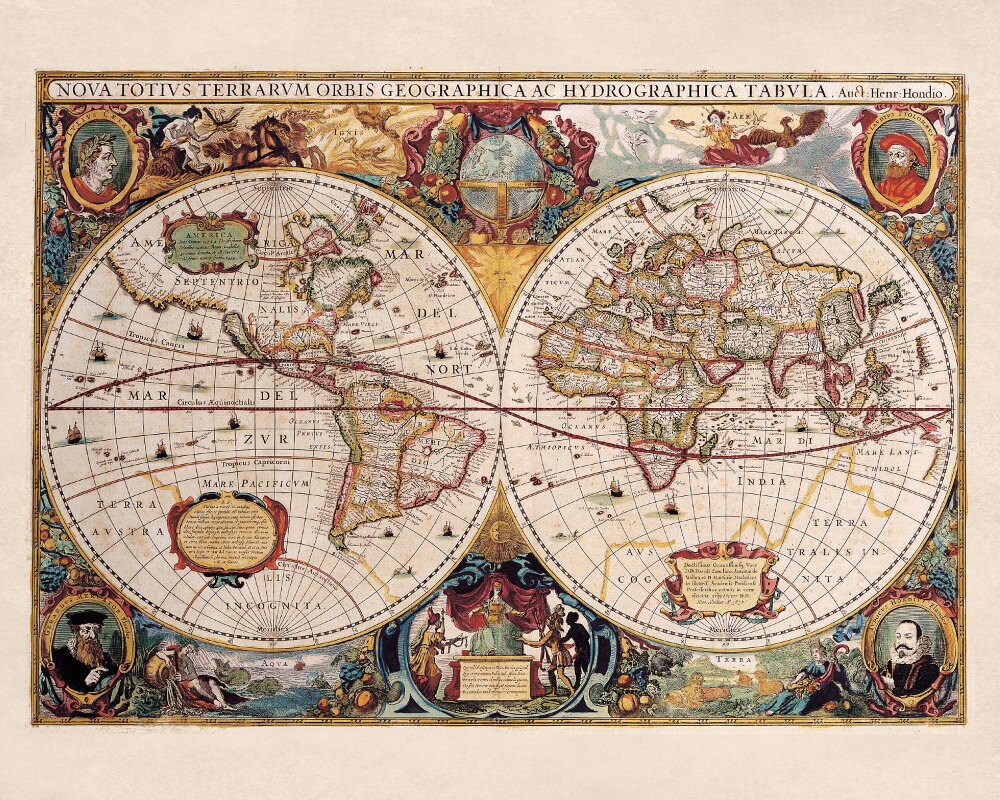World Map Double Hemisphere Illustrated Reproduction Henricus - Etsy