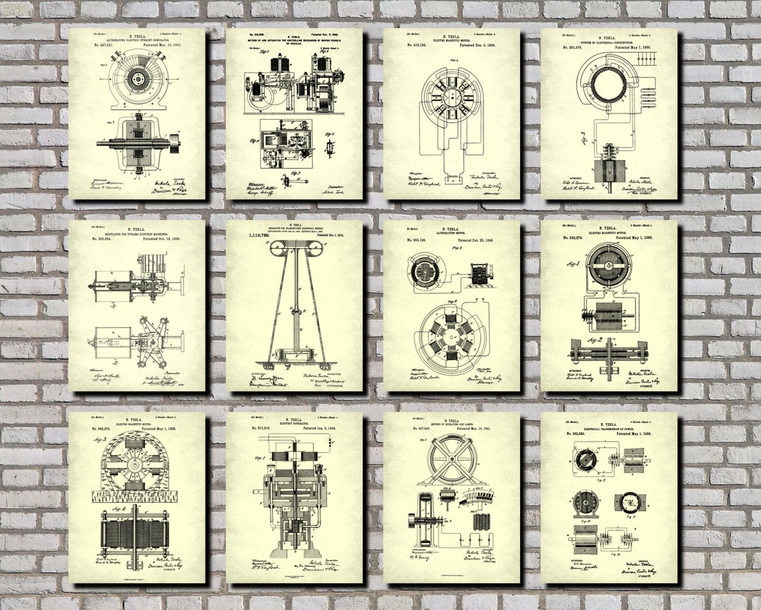 Nikola Tesla Patent Prints Set 12 Posters, Electrical Invention Posters ...