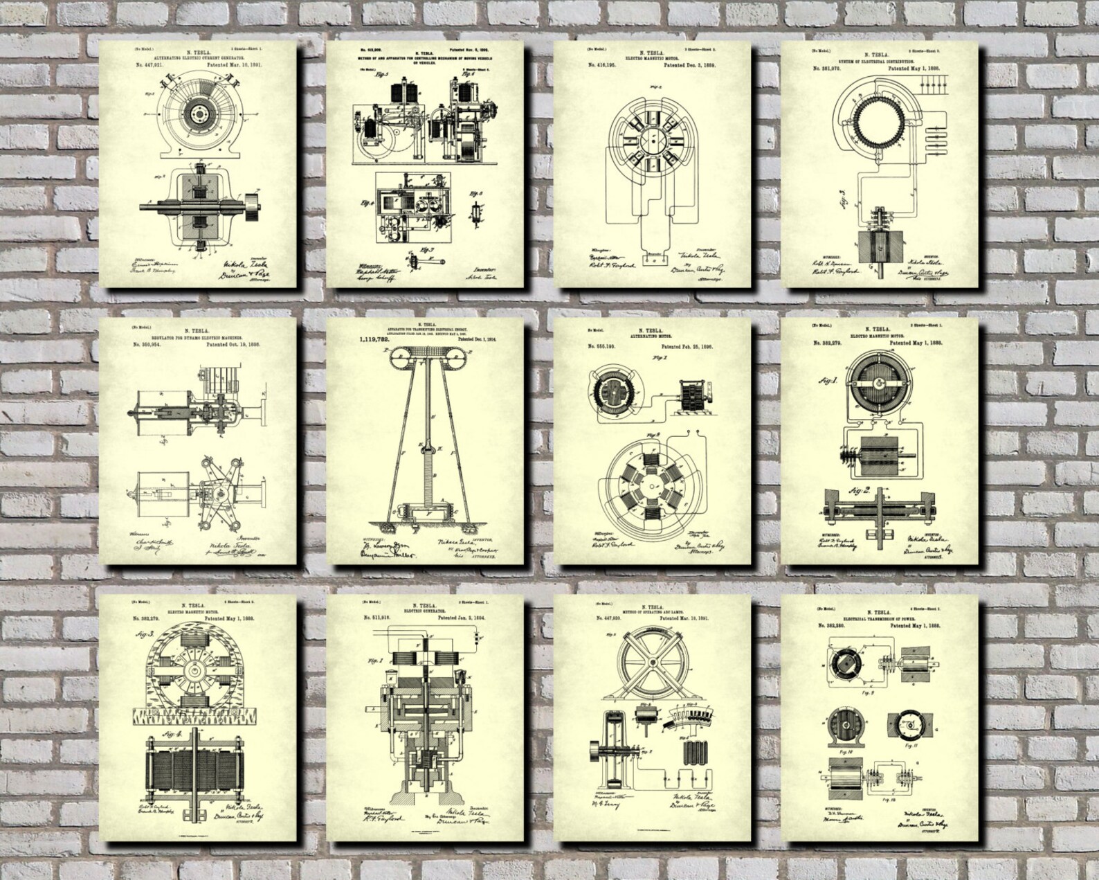 Nikola Tesla Patent Prints Set 12 Posters, Electrical Invention Posters ...