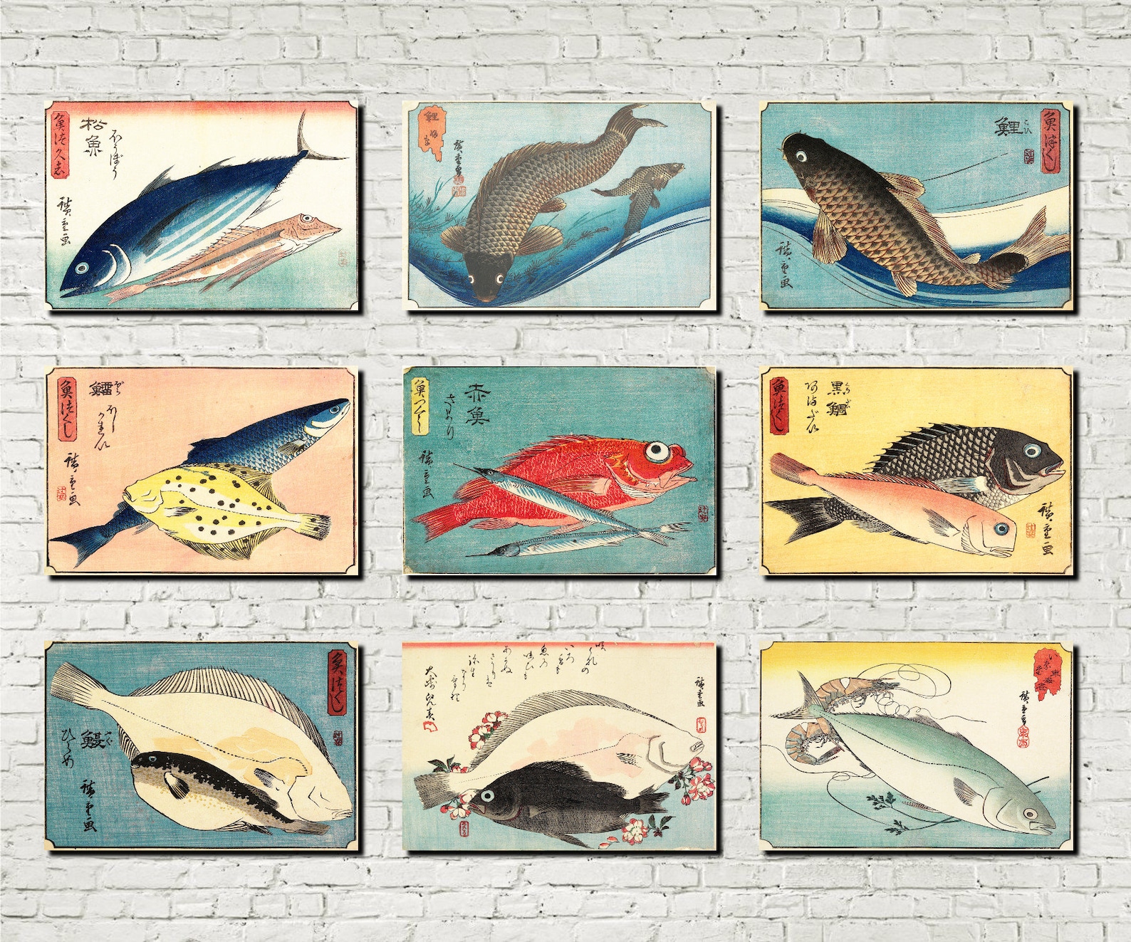 Japanese Art Fish Prints Set 9 Hiroshige Fisherman Gift | Etsy