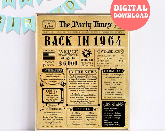 1964 the Year You Were Born PRINTABLE, Newspaper Poster, Flashback to ...