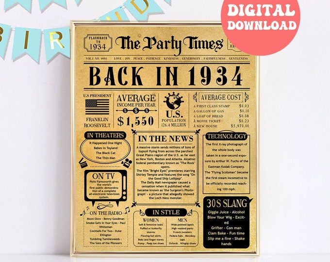 1934 the Year You Were Born PRINTABLE, Newspaper Poster, Flashback to ...