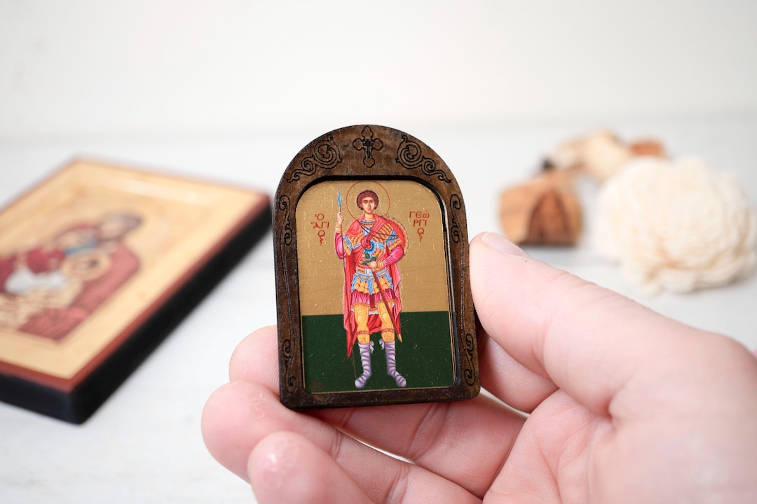 Saint George (Αγιος Γεωργιος) Compact Wooden Icon Handcrafted on Silk ...