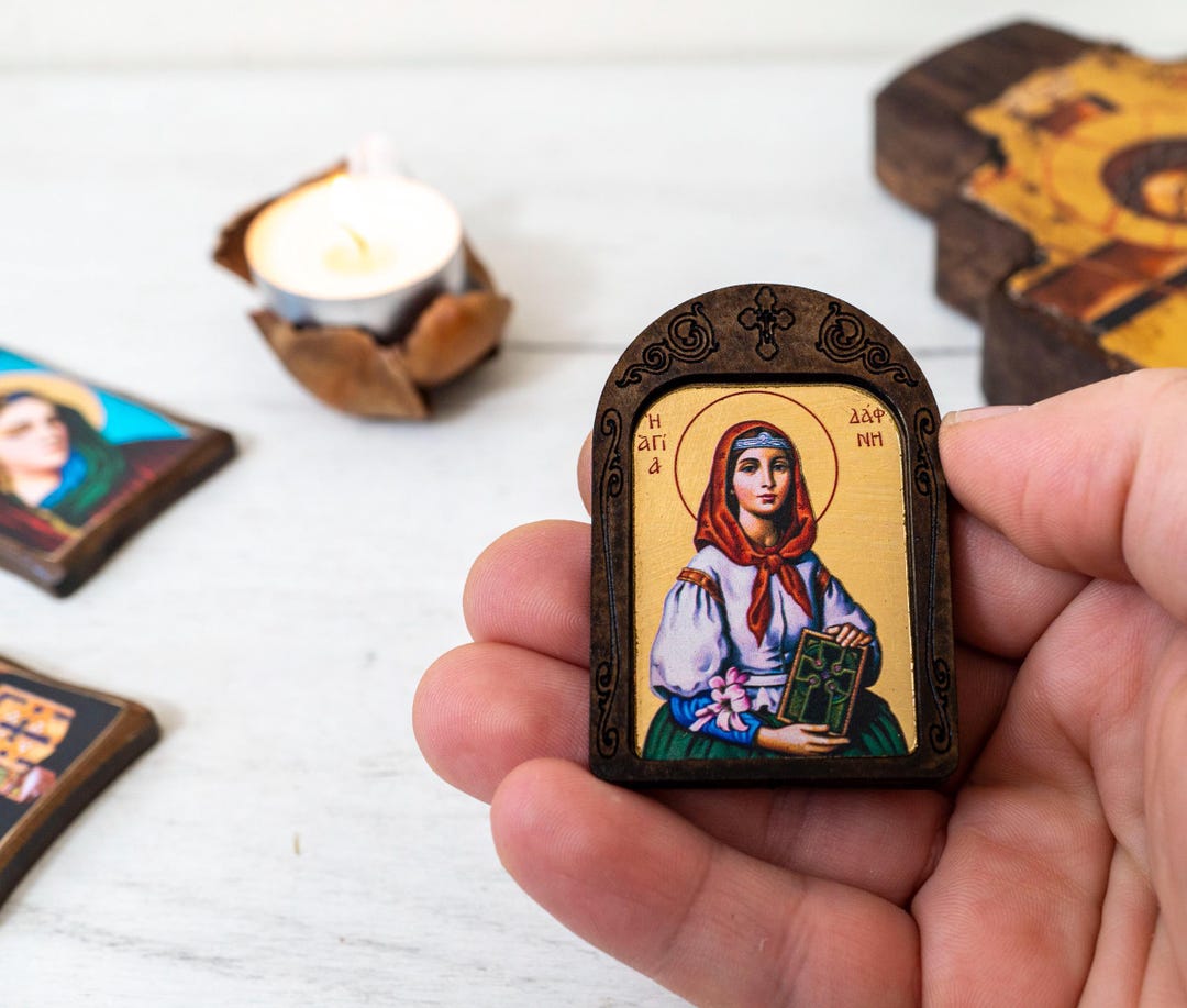Saint Dymphna Wooden Icon: Handcrafted Silk Canvas Christian Art Mini ...