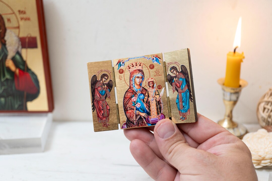 Handmade Virgin Mary Triptych Icon: Unfading Rose, Archangels, Gold ...