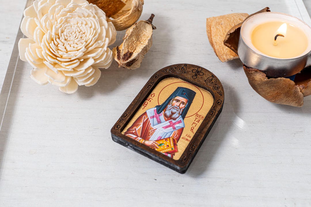 Saint Nektarios (Αγιος Νεκταριος) Compact Wooden Icon Handcrafted on ...