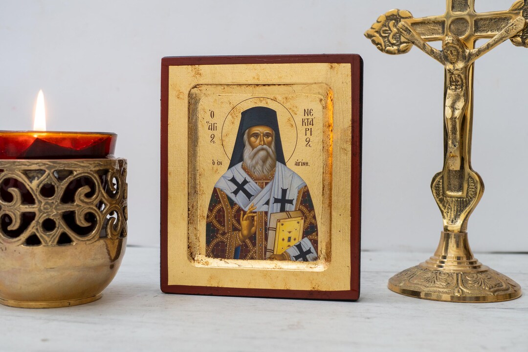 Christian Icon With Saint Nectarios -nektarios - Handmade Wooden Aged ...
