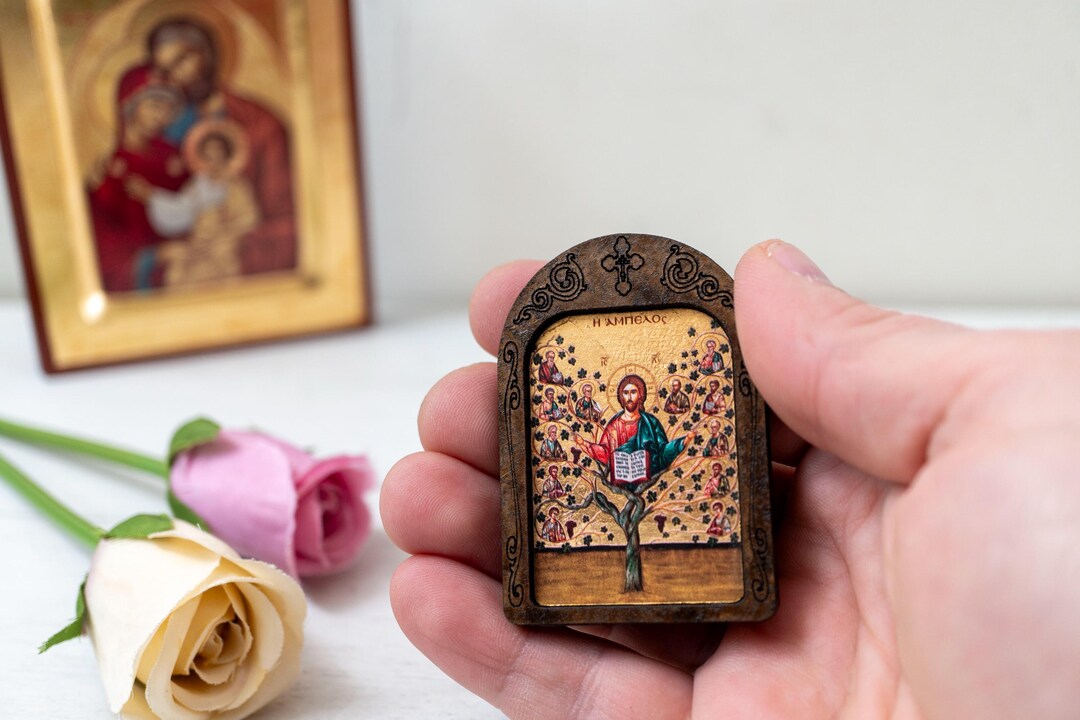 Jesus Christ Icon With Apostles, Ampelos True Vine Compact Wooden Icon ...
