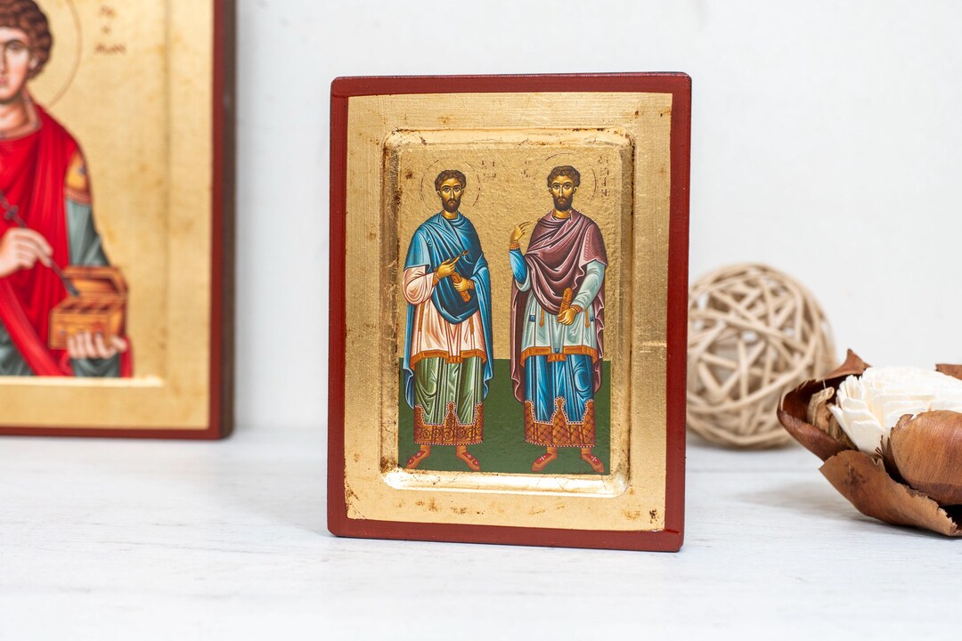Saints Cosmas and Damian – Aged Gold Background Handmade Wooden Icon - Etsy