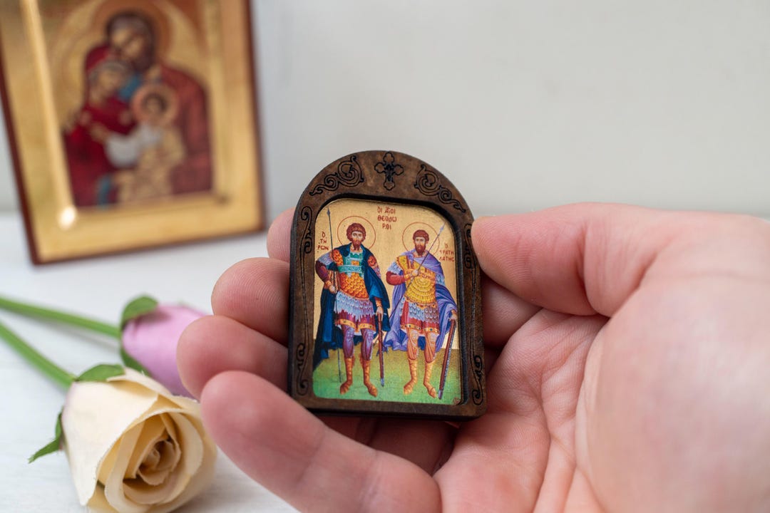 Mini Wooden Christian Icon of Saints Theodore (Αγιοι Θεοδωροι ...