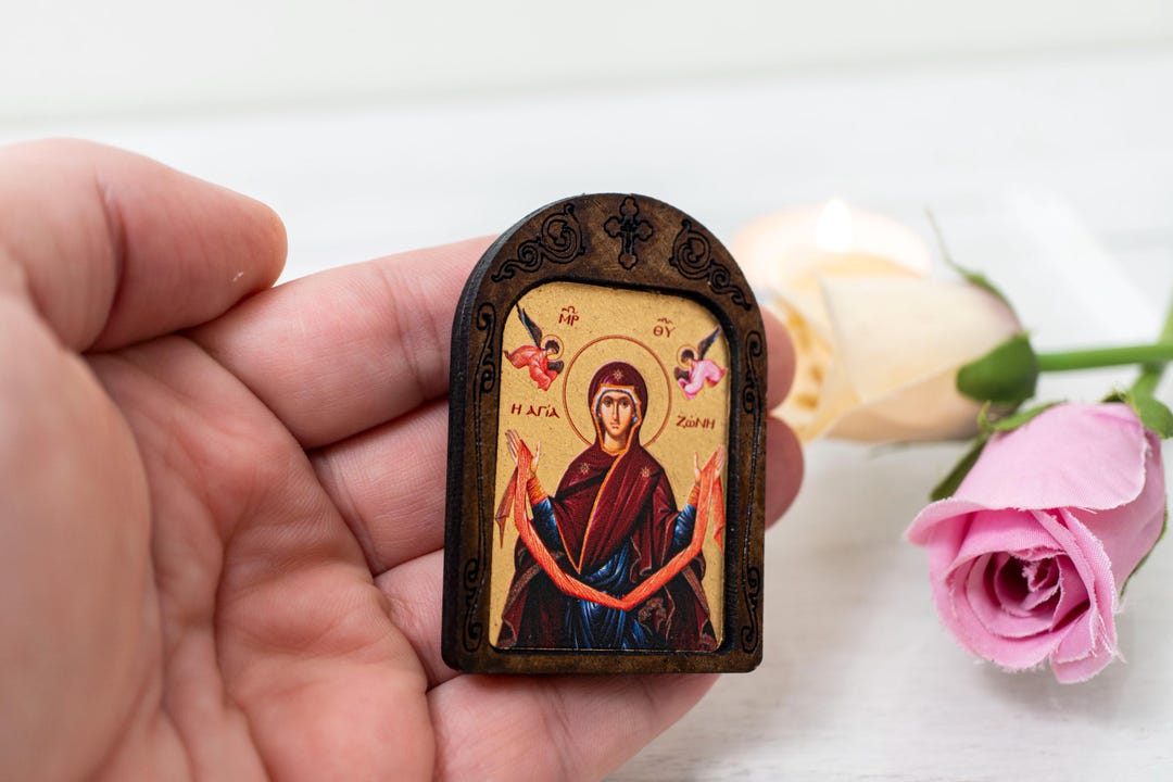 Virgin Mary Icon Holy Belt Compact Wooden Icon Handcrafted on Silk ...
