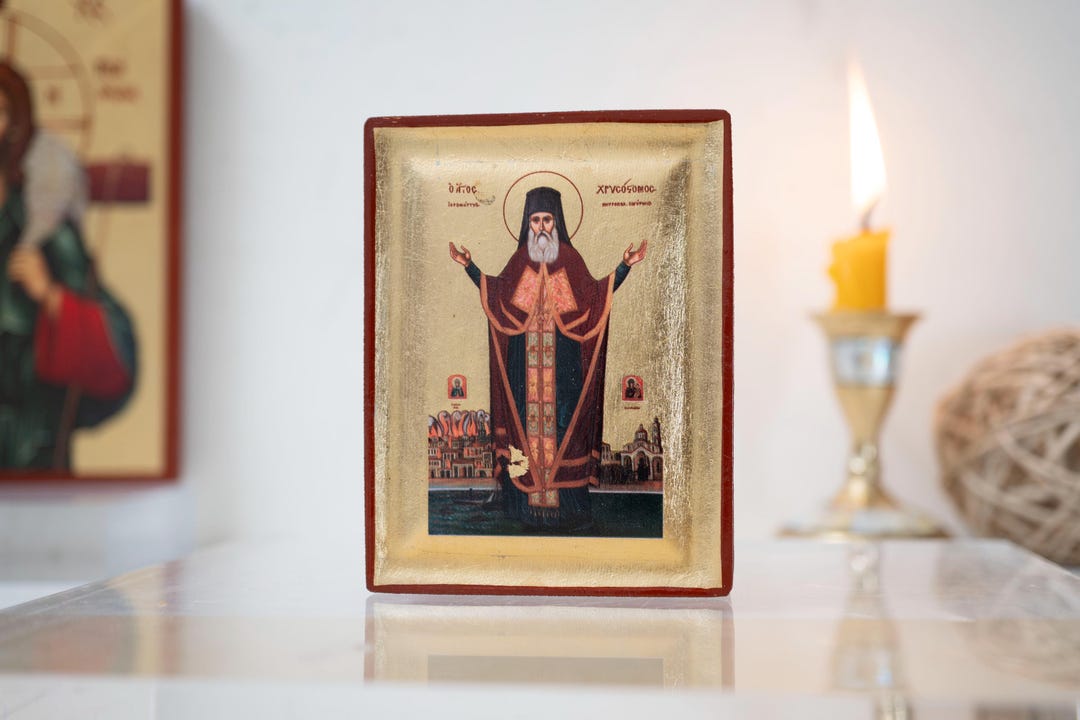 Saint Chrysostomos Handmade in Pure Wood Icon on Golden Leaf Byzantine ...