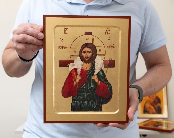 Jesus Christ the Good Shepherd Handmade Orthodox Icon on Gold Leaf in ...