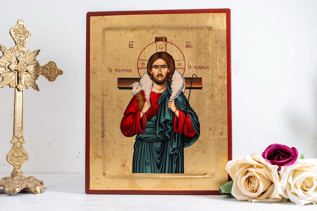 Jesus the Good Shepherd – Handmade Orthodox Icon on Wood With Gold Leaf ...