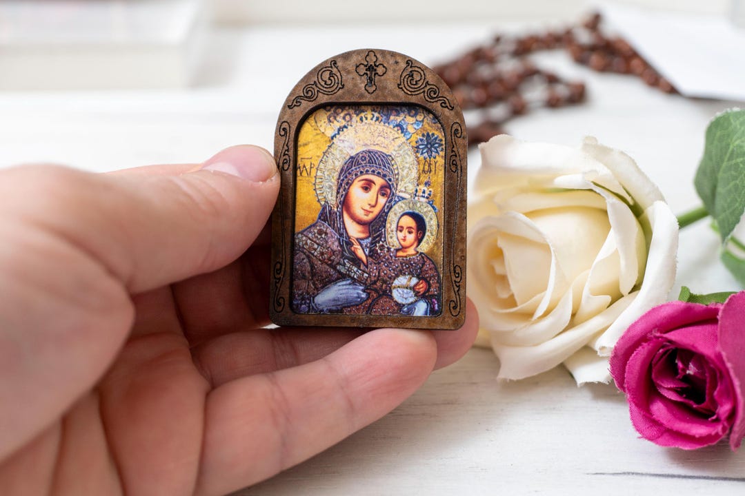 Compact Wooden Icon With Virgin Mary of of Bethlehem on Silk Canvas ...