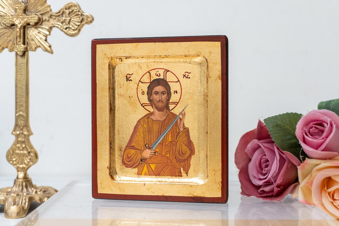 Jesus Christ With Sword Cutting the Sin Aged Gold Background Handmade ...