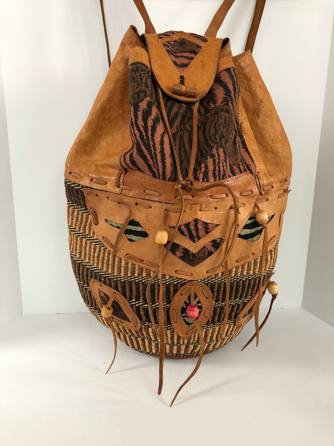 Large Vintage Leather/ Sisal Rucksack Backpack - Etsy