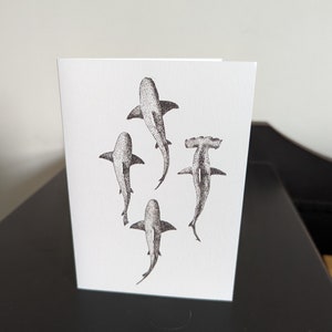 Greetings Card, Misfit Hammerhead Shark Among Blue Sharks, Pen and Ink ...