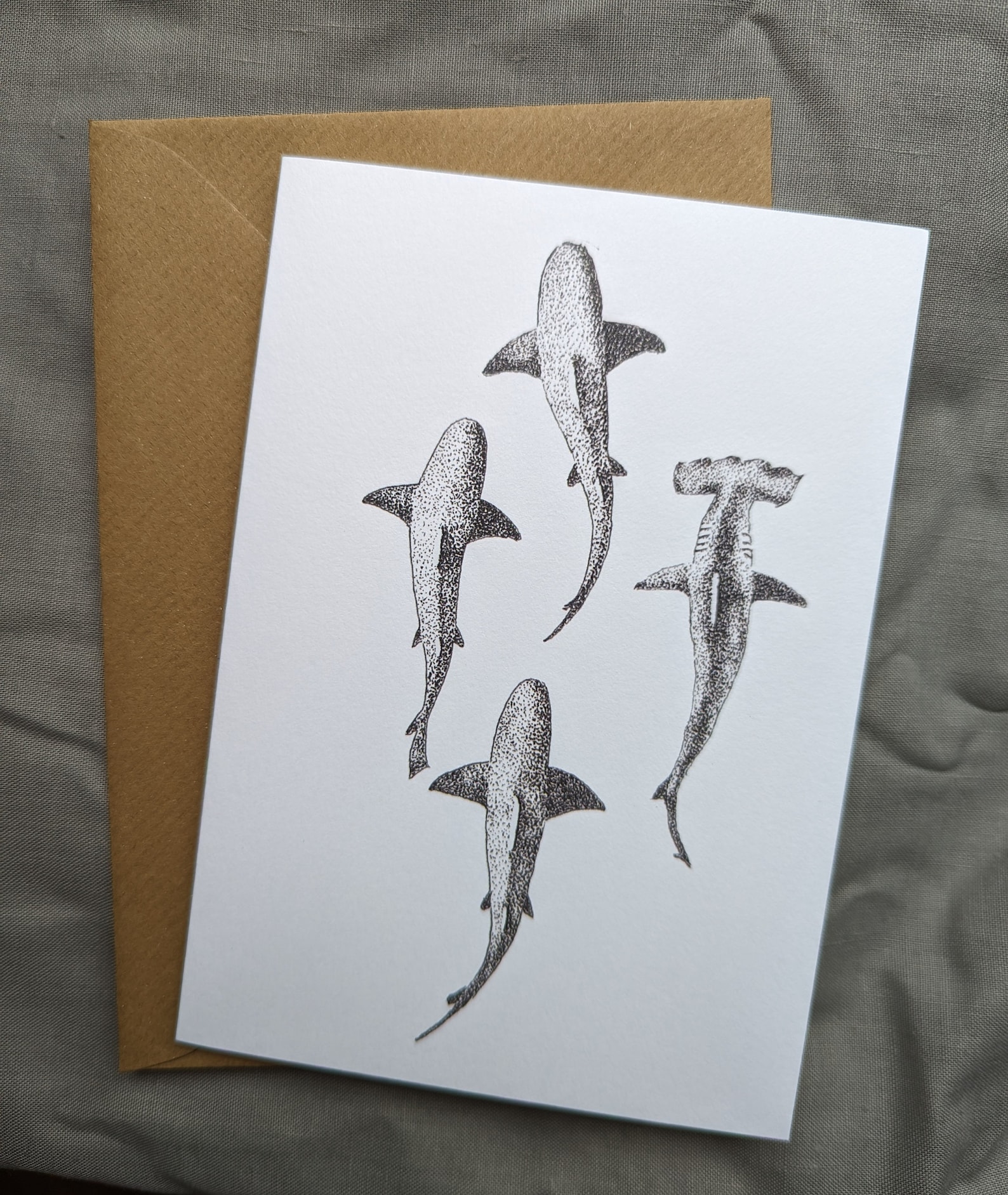Greetings Card, Misfit Hammerhead Shark Among Blue Sharks, Pen and Ink ...