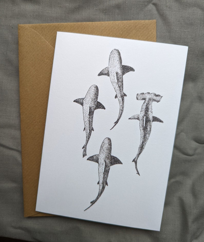 Greetings Card, Misfit Hammerhead Shark Among Blue Sharks, Pen and Ink ...