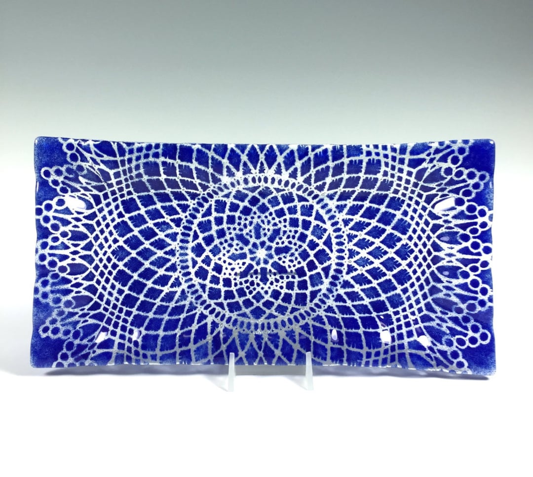 Cobalt Blue Serving Tray, Fused Glass Tray, Lace Design, Tea Loaf Plate ...