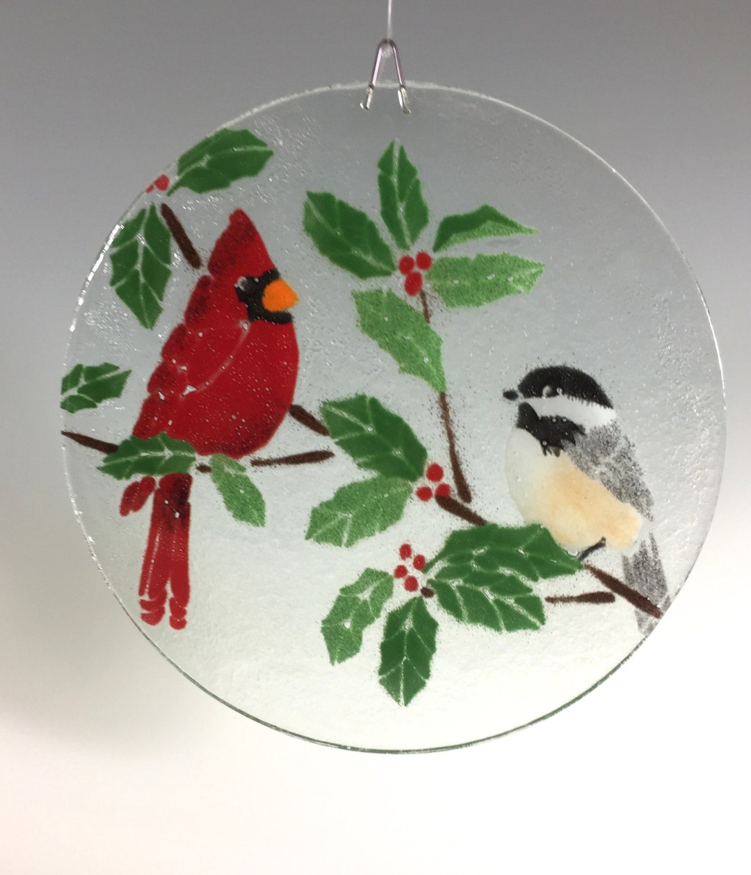 Cardinal and Chickadee Fused Glass Suncatcher: Holiday Bird Window ...