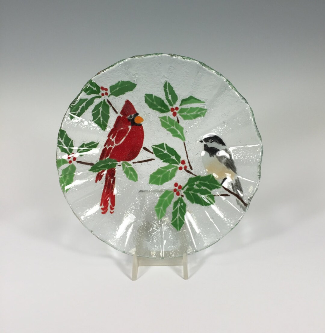 Fused Glass Cardinal & Chickadee Bowl: Handmade Holiday Dish - Etsy