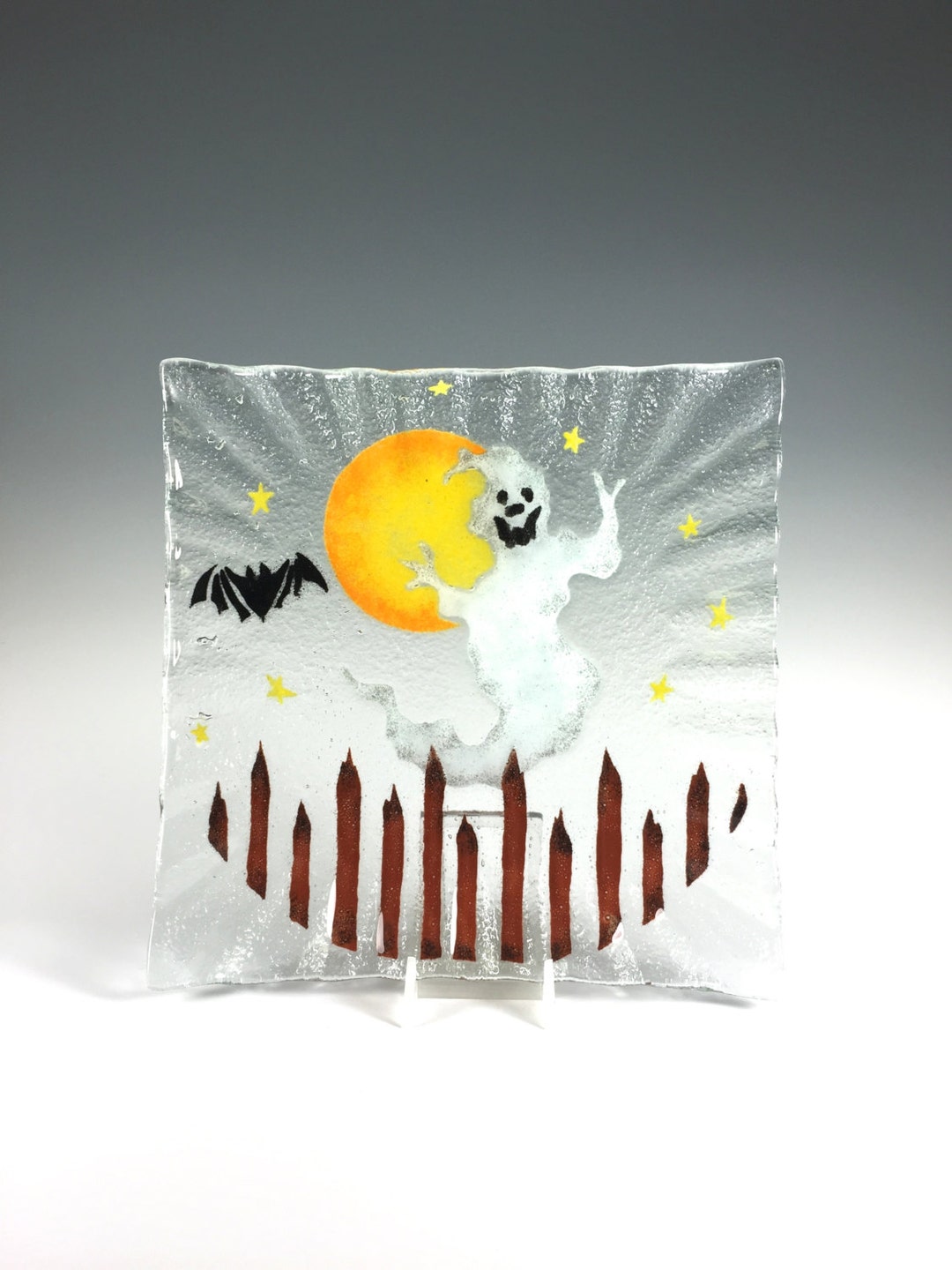 Halloween, Ghost Serving Dish, Ghosts, Bats, Fused Glass Plate ...