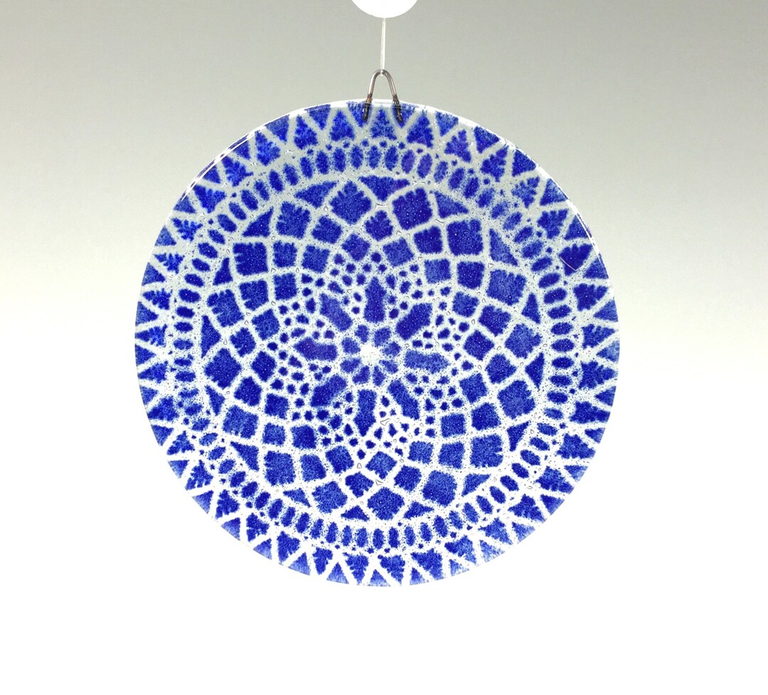 Cobalt Blue Suncatcher, Fused Glass, Lace Window Hanging, Doily, Blue ...