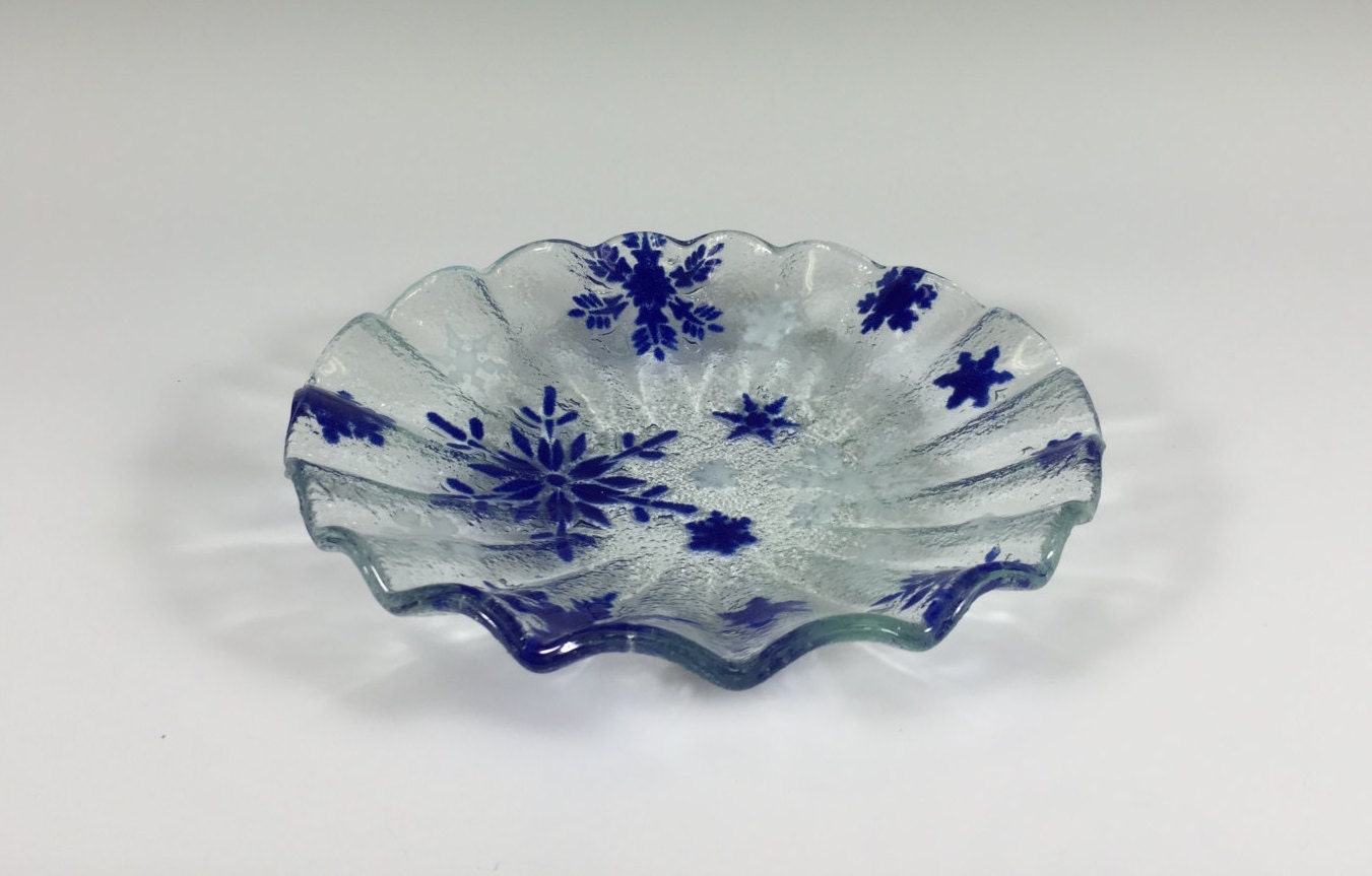 Snowflake Fused Glass Bowl, Cobalt Blue, White, Winter Decor, Winter ...
