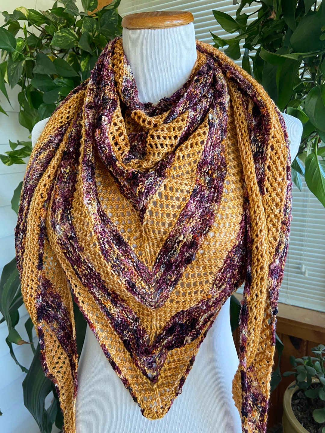 Gold and Multi Colored Striped Shawl, Triangle Wrap, Slubby Yarn, Two ...
