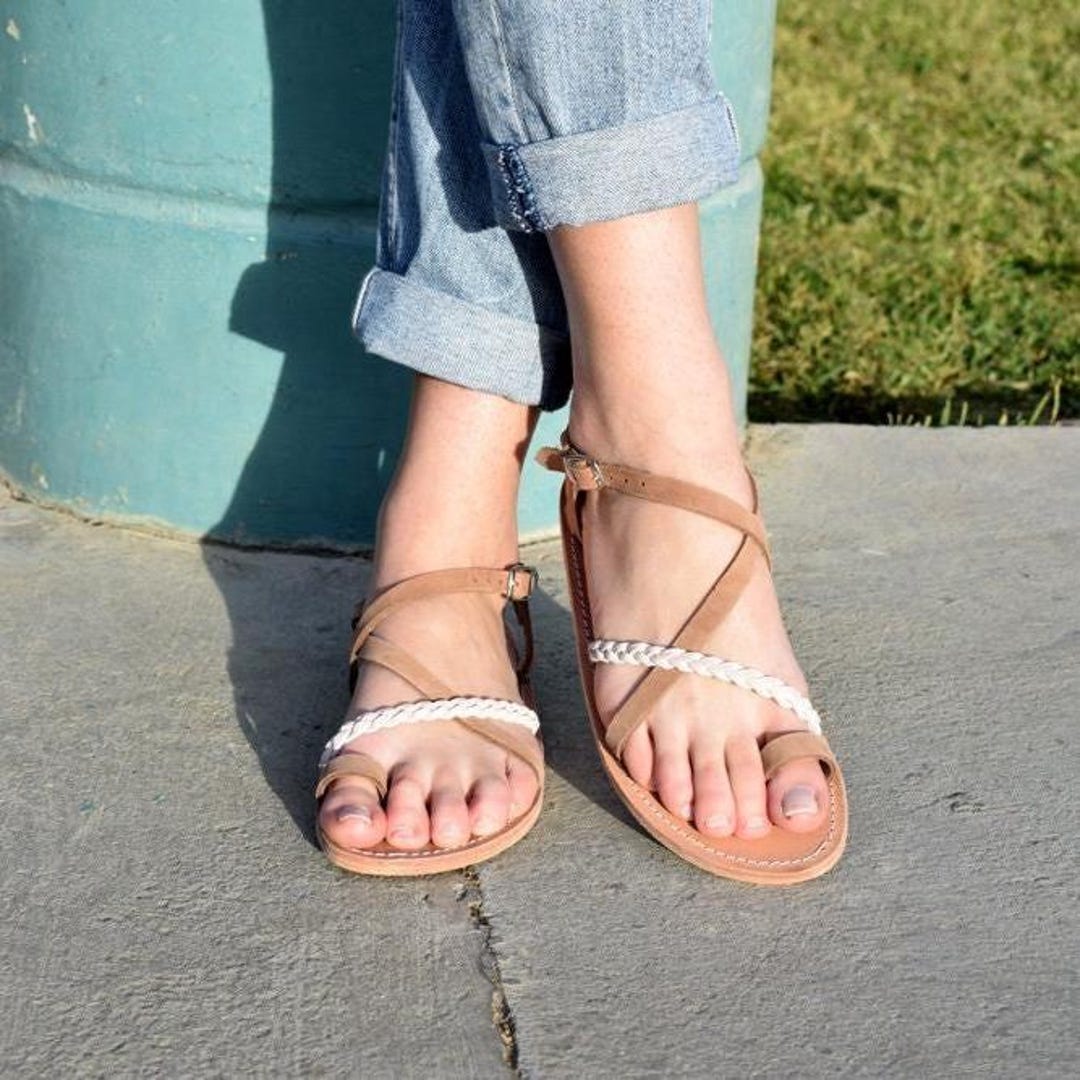 Toe Ring Sandals for Women Flat With Strappy With Genuine Leather ...