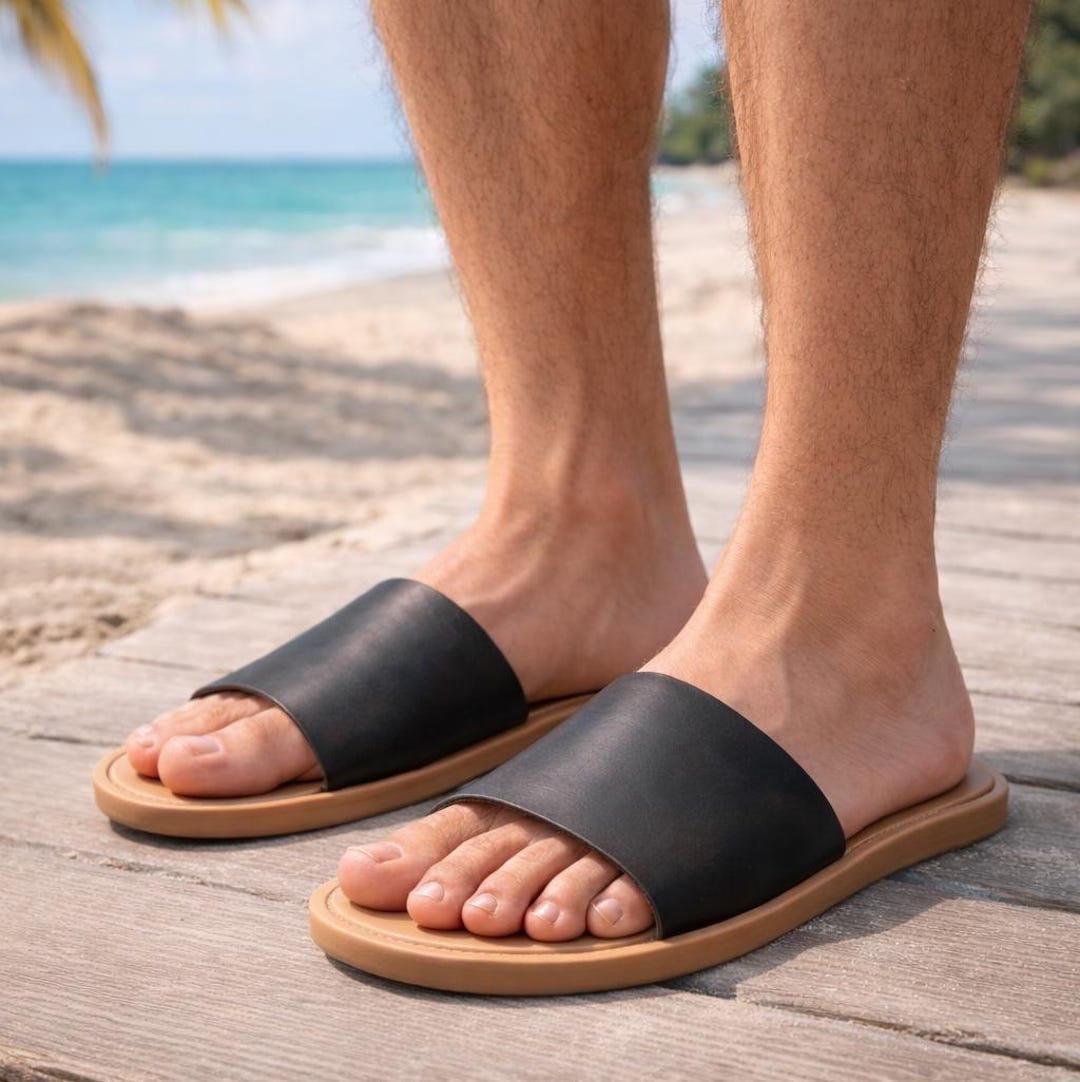 Men’s Olive Leather Slide Sandals – Handmade Greek Slip-ons With Rubber ...
