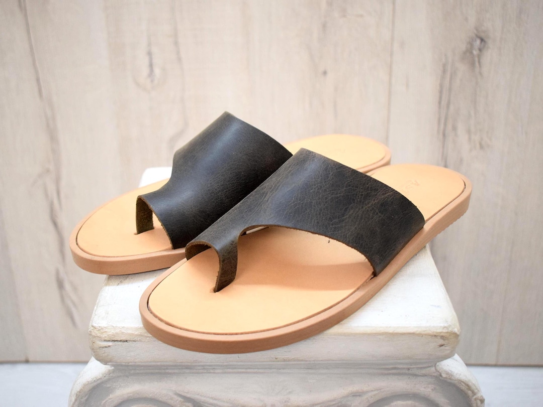 Men’s Greek Leather Toe Loop Sandals – Handmade Slide-ons With Anti ...