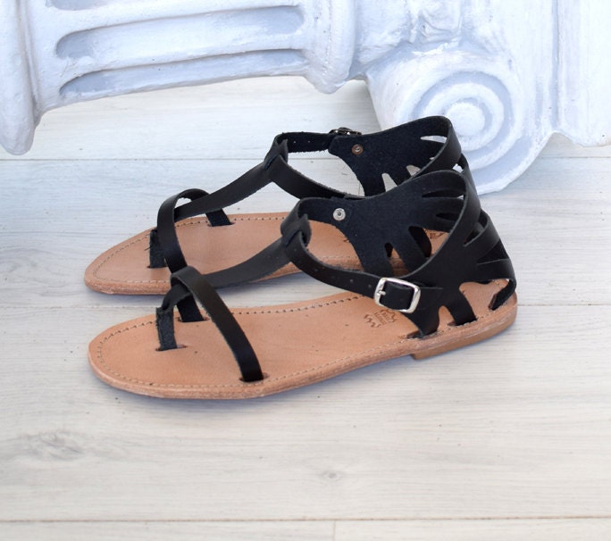Greek Handmade Sandals, Handmade Sandals, Women Summer Flats, Black ...
