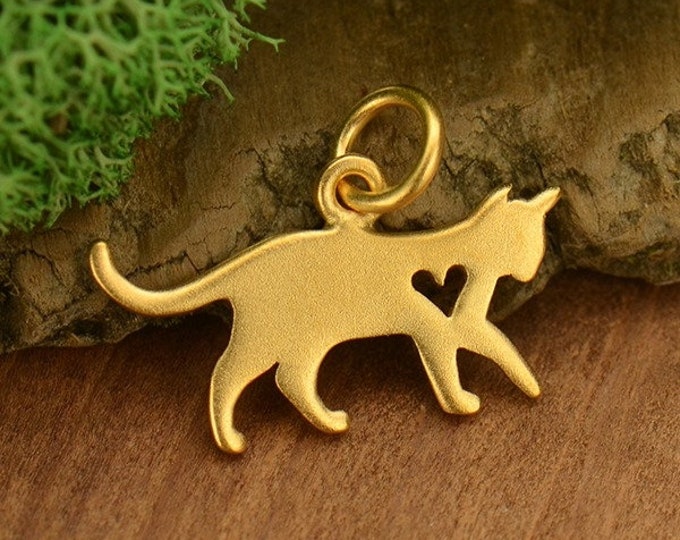 24K Gold Plated Sterling Silver Cat Charm. Kitten Charm With Heart Cut ...