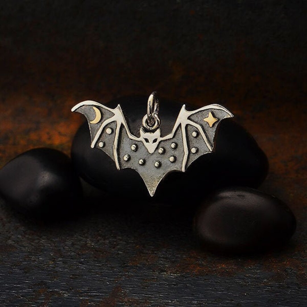 Sterling Silver Bat Charm. Bat Pendant With Bronze Moon and Star ...