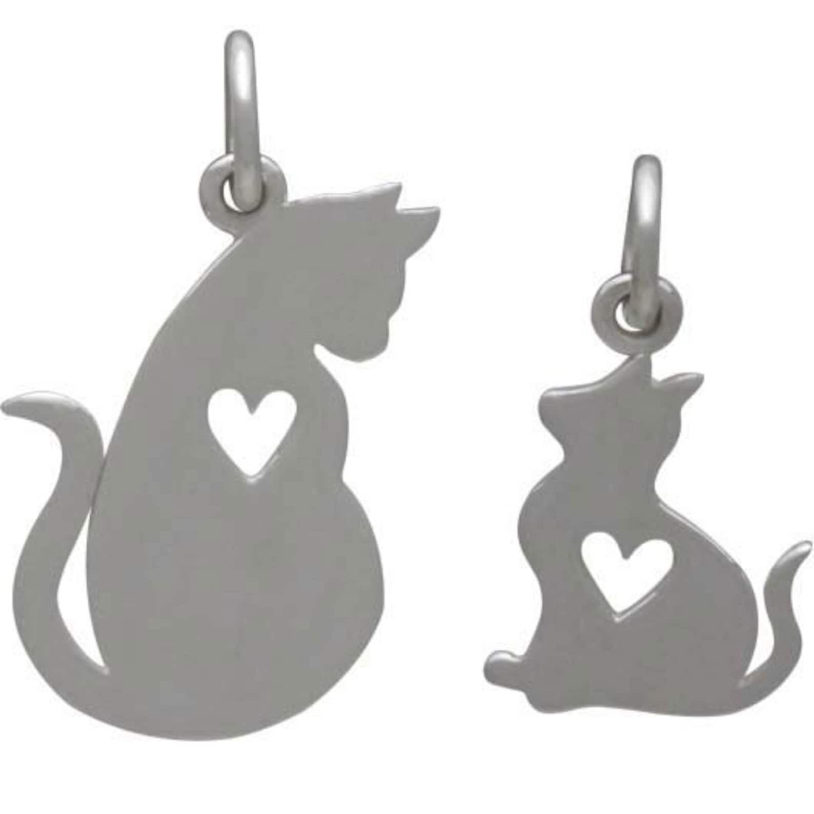 Sterling Silver Cat Charms. Kitten Charm With Heart Cut Out. - Etsy