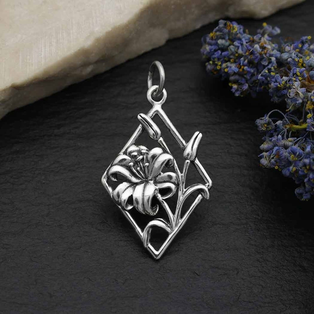 Lily Flower Charm Necklace 925 Sterling Silver Flower in Diamond Shape ...